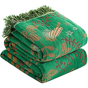 Skrmisda Bohemian Throw Blankets, Boho Birds 60 * 80 Inch Cotton Blanket for Bed Couch Camping Picnic Full Size Tassel Reversible Breathable Soft & Cozy Blankets (Green+Beige)