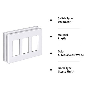 [2 Pack] BESTTEN 3-Gang Screwless Wall Plate, USWP6 Snow White Series, Decorator Outlet Cover, H4.69” x W6.54”, Polycabonate Thermoplastic