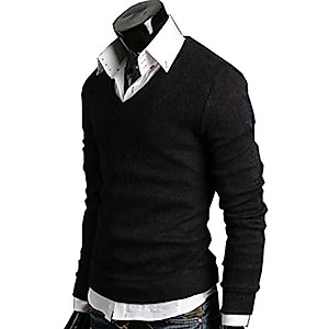 LemonGirl Comfortably Mens Slim Fit Longsleeve Light Weight V-Neck Pullover Sweaters Black