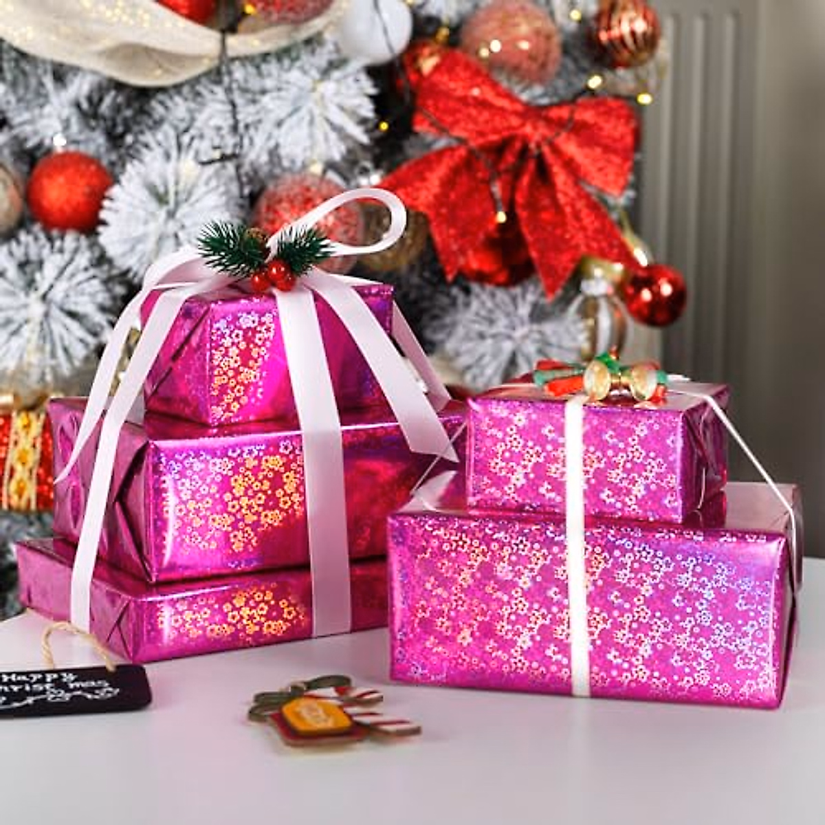 Flyhill Purple Shimmering Floral Wrapping Paper Roll-Holographic Iridescent Foil Gift Wrap for Mother's Day,Birthday,Wedding-17inch*32.8ft (46.8sq.ft.ttl)