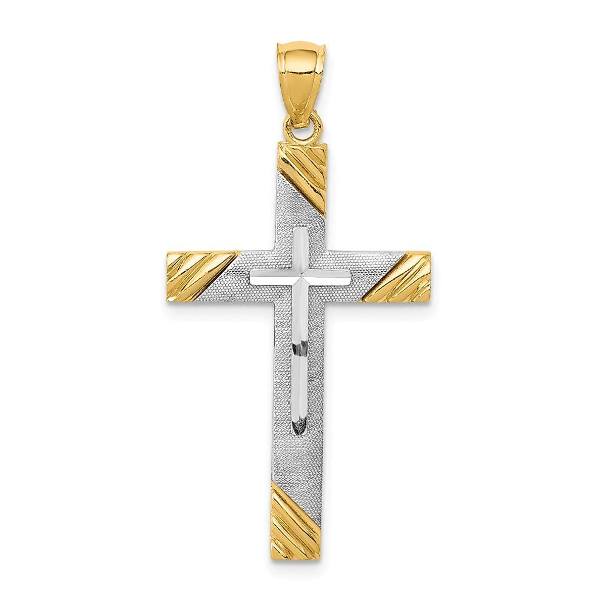Solid 14k Yellow and White Gold Two Tone Diamond-cut Cross Pendant Charm - 38mm x 19mm