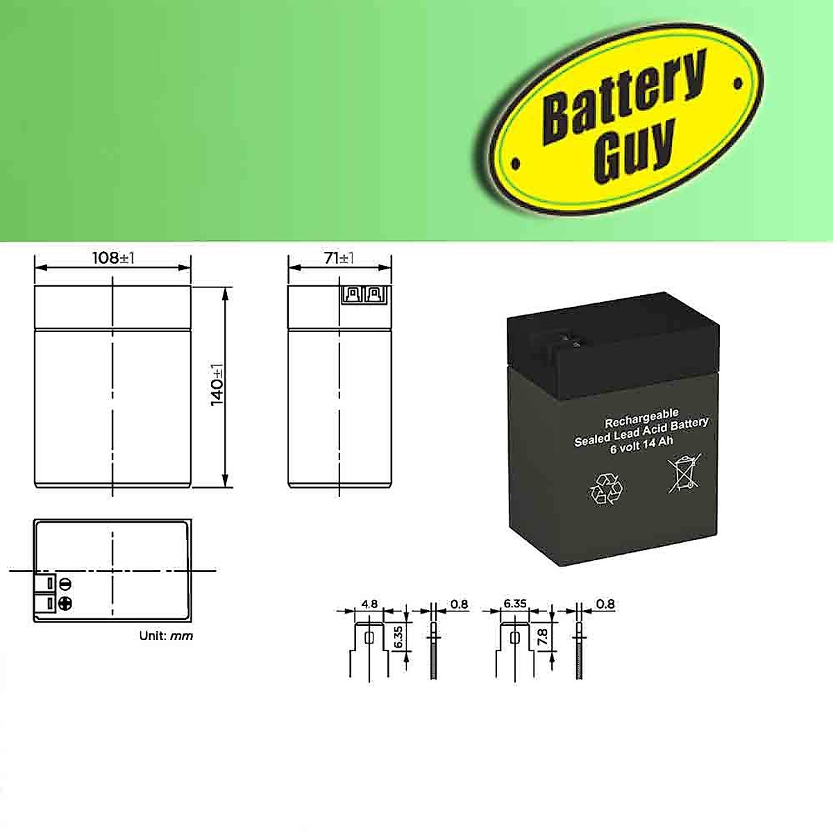 BatteryGuy ELB-0614 Replacement 6V 14.0Ah SLA Battery Brand Equivalent (Rechargeable) - Qty of 1