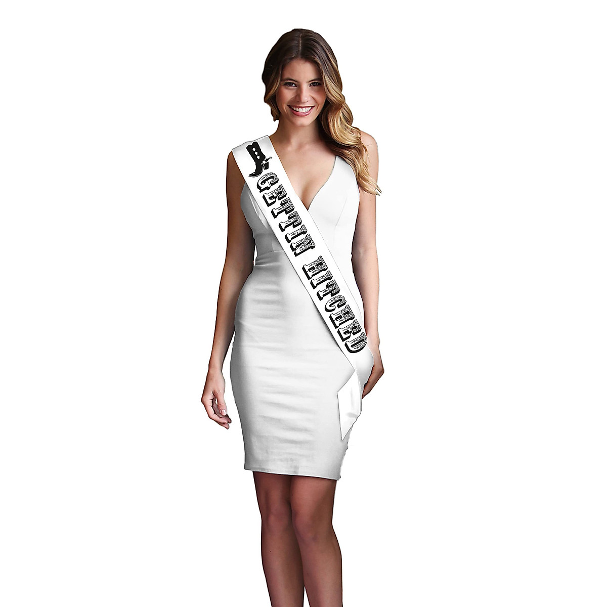 Disco Cowgirl Bride Sash - BRIDAL GRADE SATIN Gettin Hitched Silver Sparkle Sash - Same Cowboy Forever Bachelorette Outfit - Nashville Cowboy Western Boot White Sash(Gtn Htchd) Wht