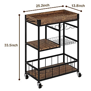 Fleecy day Wine Serving Bar Cart 3 Tier Home Rolling Rack with Wheels Mobile Kitchen Serving Cart,Industrial Vintage Style Wood Metal Serving Trolley Glass Holder Bar Cabinet
