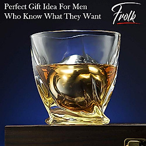 Whiskey Stones Gift Set for Men - 2 King-Sized Chilling Stainless-Steel Whiskey Balls - 2 XL Whiskey Glasses, Slate Stone Coasters, Freezer Pouch & Tongs - Luxury Set in Unique Pine Wood Box