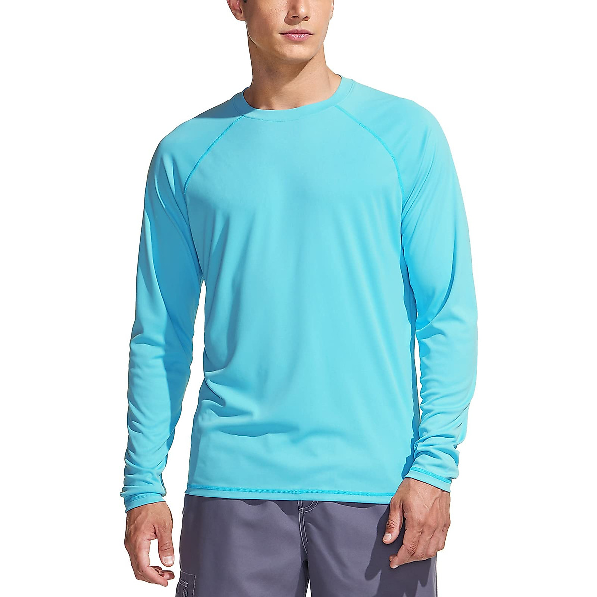 TSLA Men's Rashguard Swim Shirts, UPF 50+ Loose-Fit Long Sleeve Shirts, Cool Running Workout SPF/UV Sun Shirts, Sun Block Sky Blue, Large