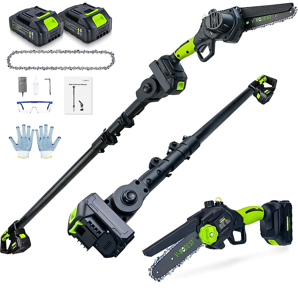 V-MODEST 2-in-1 Cordless Pole Saw, 6 Inch Brushless Pole Chainsaws Mini Handheld Chainsaw with 2× 21V Batteries, 6.5lb Lightweight, Auto Oiling, 15 FT MAX Extension Pole Saws for Tree Trimming