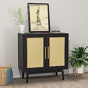 RESOM Black Rattan Accent Storage Cabinet, Sideboard Buffet Cabinet with Rattan Doors, Modern Wood Cabinet for Living Room, Dining Room, Kitchen, Entryway and Hallway