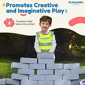 Playlearn 40pc Foam Cinder Blocks for Kids - Children’s Reflective Vest and Storage Bag Included - Actual Brick Size- Lightweight, Soft Building Blocks - Fake Brick Blocks