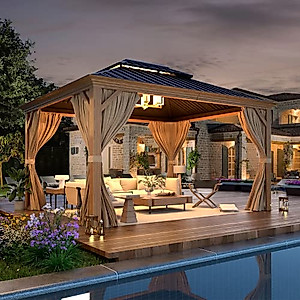 Erinnyees 10' X 12' Aluminum Wood Grain Hardtop Gazebo, Outdoor Aluminum Double Roof with Privacy Curtain and Mosquito Net for Patio, Garden, Lawn Deck (Wood Looking)