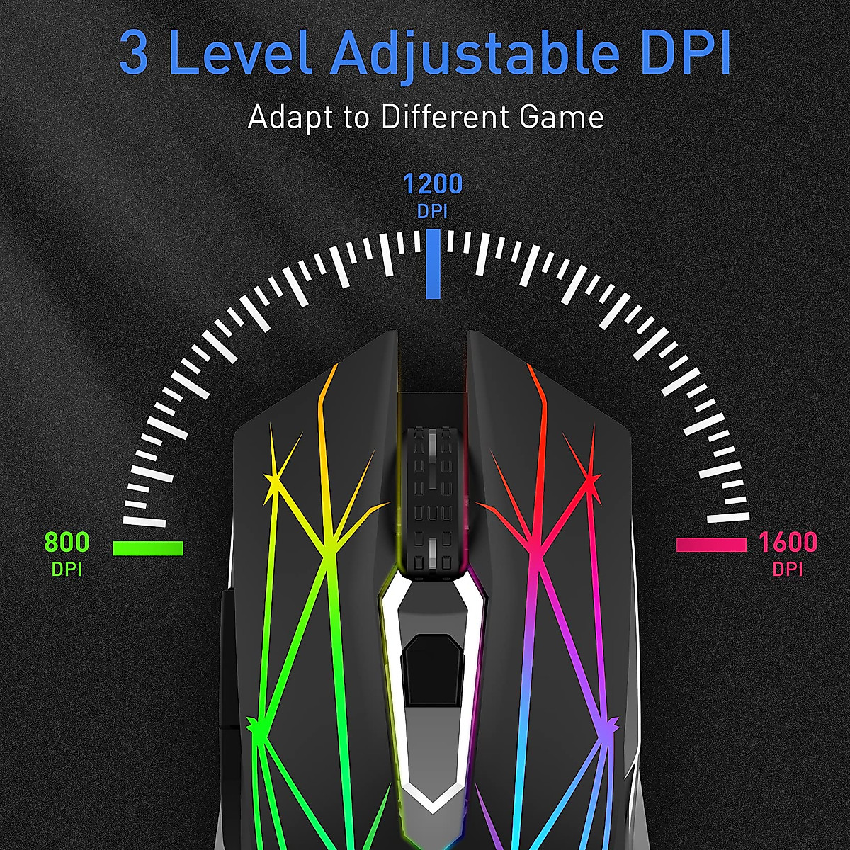RIIKUNTEK Wireless Gaming Mouse, Computer Mouse Rechargeable with 3 Adjustable DPI, Silent Click, USB Receiver, LED Lights, 2.4GHz Portable Ergonomic RGB Optical Gamer Mice Mouse for Laptop PC Black