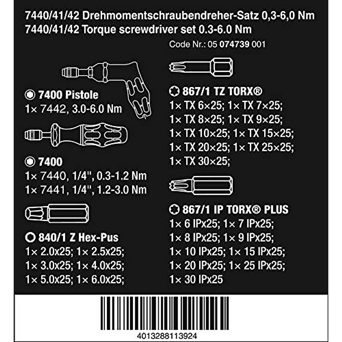 Wera - 5074739001 Kraftform 7440/41/42 Torque Screwdriver 0.3-6.0 Nm and Bit Set, 27-Piece
