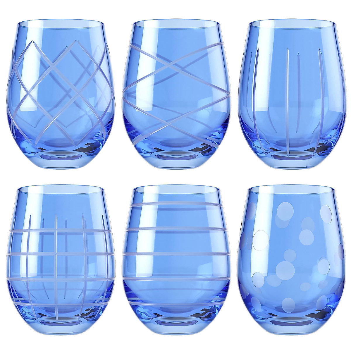 American Atelier Medallion Stemless Wine Glass Set of 6, 17 oz, Etched Patterns, Textured Glass Cups, Glasses for Red or White Wine, Stemless Goblets, Fifth Avenue Crystal, Blue