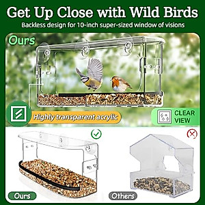 Ermete Window Bird Feeder With Strong Suction Cups, Large View Clear Feeder, Seed Tray, 13in x 5.5in x 4.2in for Outside