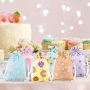 48 Pcs Heart Satin Gift Bags with Drawstring 5 x 7 Inch Candy Heart Gift Wrapping Bags Sweet Reusable Bags Assorted Gift Bags for Easter Birthday Kids Party Favors Anniversary, 6 Designs