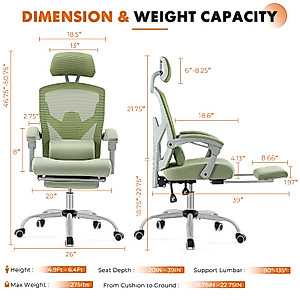 Sweetcrispy Office Computer Desk Chair, Ergonomic High-Back Mesh Rolling Work Swivel Chairs with Wheels, Comfortable Lumbar Support, Comfy Arms for Home, Bedroom, Study, Student, Green