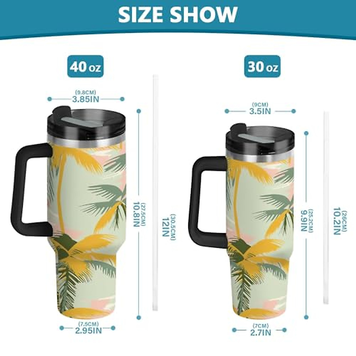 FRCSDIY Coconut Tree Insulated Tumbler with Handle and Straw Lid,30oz Leakproof Stainless Steel Cup BPA-Free Water Bottle