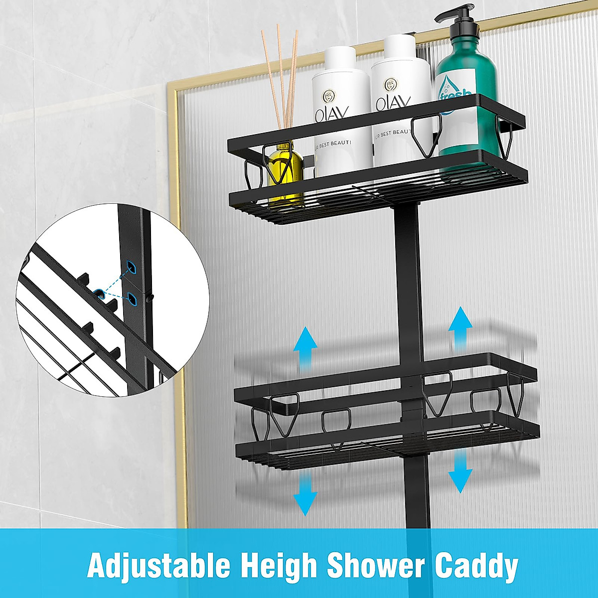 Kerisgo Over The Door Shower Caddy, 4-Tier Adjustable Over Hanging Shower Door Caddy Shelf, No Drilling Shower Organizer Shelf With Soap Holder, Body Wash, Shampoo, Razor, Black