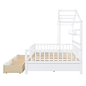DEINPPA Full House Bed with Drawers, Kids Bed with Shelf and Fence Guardrails, Wood Bed Frame with Decorative Roof Designs, No Box Spring Needed, for Boys Girls Toddler Kids-White