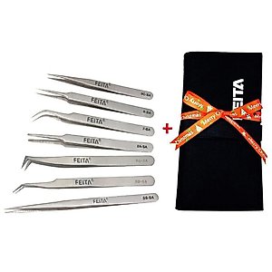 Professional Tweezers Set - FEITA Precision Tweezers with Travel Case - Stainless Steel Tweezers for Plucking, Watchmakers, Jewelry, Electronic, Craft (Silver 7Pcs)