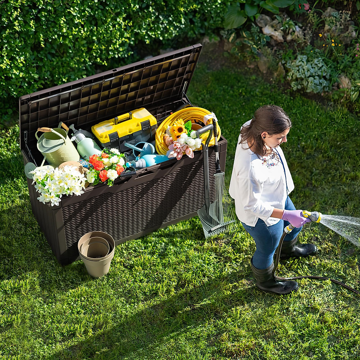 Flamaker Outdoor Storage Box 100 Gallon Waterproof Resin Deck Box with Air Rod Indoor Outdoor Lockable Storage Bench for Patio Cushions, Tools, Pool Accessories (Deep Brown)