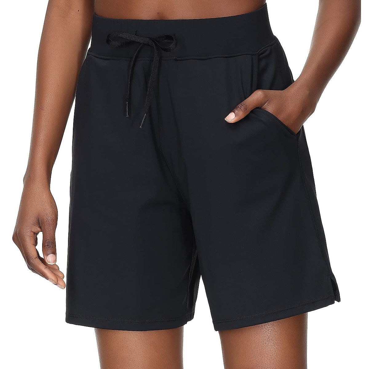 Women's Bermuda Shorts Athletic Long Loose Fit Shorts with Pockets Drawstring Lounge Shorts for Walking Workout Yoga (Black, X-Large)