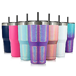 Zibtes 30oz Insulated Tumbler With Lid and Straws, Stainless Steel Double Vacuum Coffee Tumbler Cup, Powder Coated Travel Mug for Home, Office, Travel, Party (Glitter Purple 1 pack)
