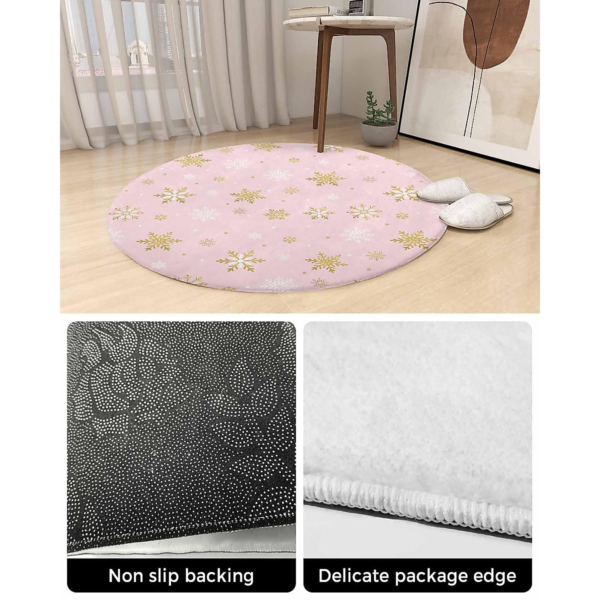 Blush Pink Snowflake Fluffy Round Area Rug Carpets 3.3ft, Plush Shaggy Carpet Soft Circular Rugs, Non-Slip Fuzzy Accent Floor Mat for Living Room Bedroom Nursery Merry Christmas Romantic Gold White