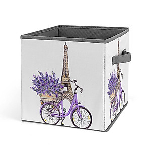 GemGam Collapsible Storage Bins for Shelves Clothes Closet Lavender Eiffel Tower Fabric Storage Containers Box with Double Handles Decorative 11 Inch Spring Bicycle