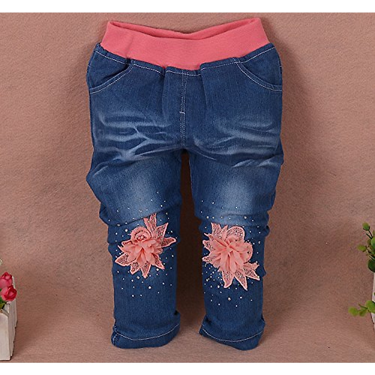 Yao 6M-4Y Infant 3Pcs Baby Girls Clothes Set Toddler Outfits Lace Dress Jacket and Jeans (2-3Y,Flower-Orange)