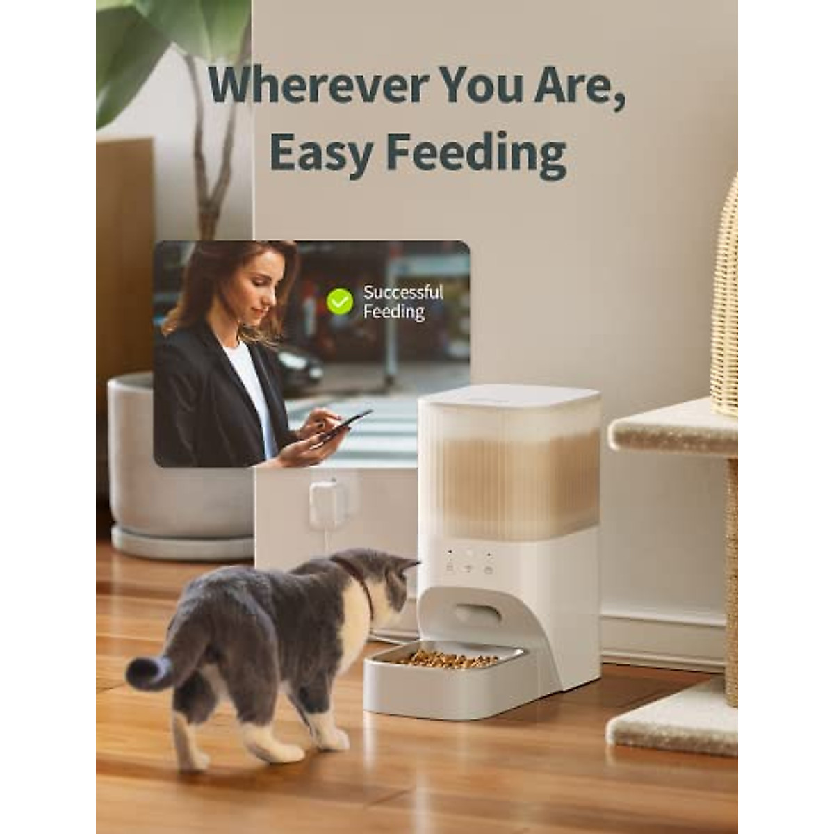 Smart Automatic Cat Feeder, Kalado Dog Feeder with 3.8L Dry Food Dispenser, Stainless Steel Food Bowl, Clog-Free & Dual Power Source in Pure Beige