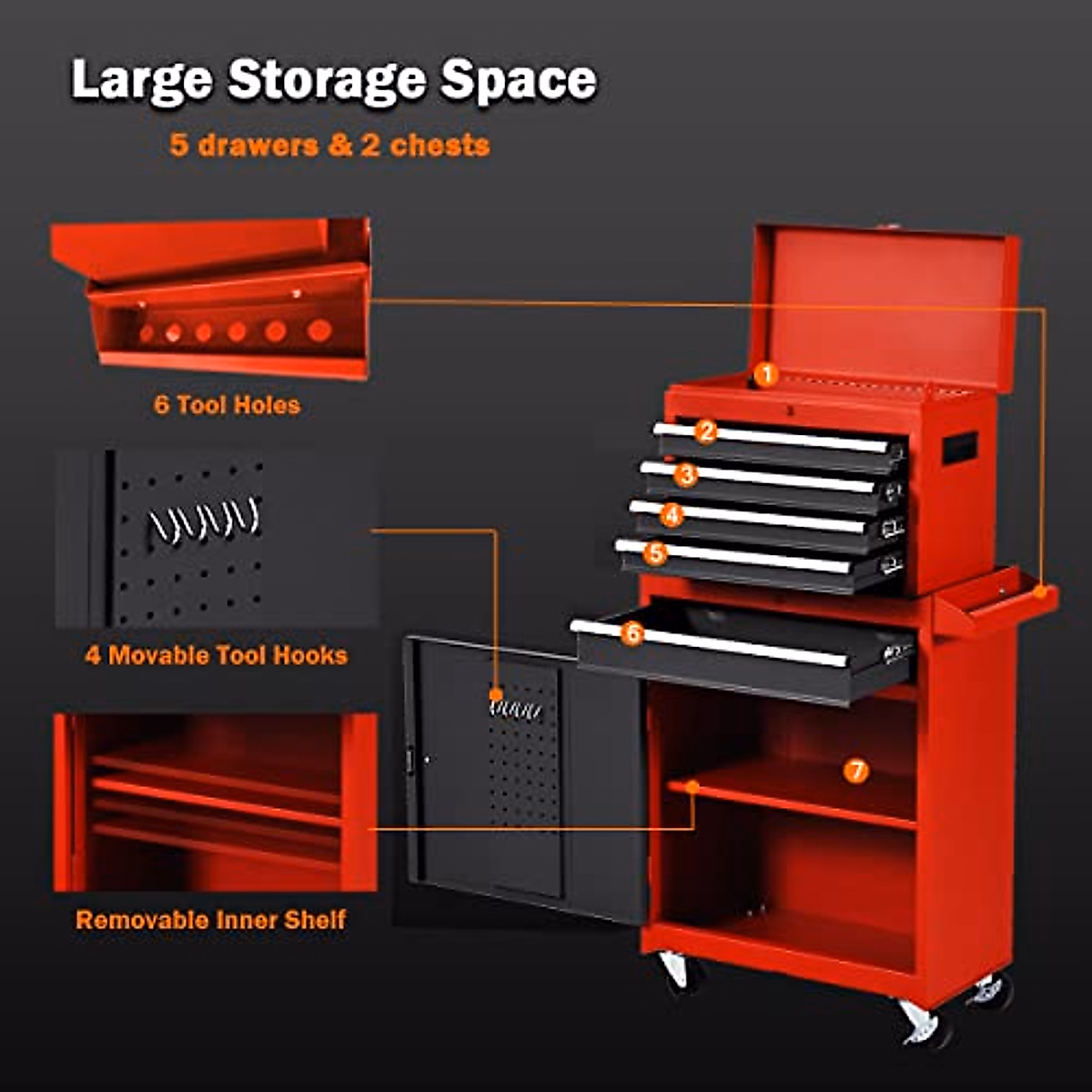 Goplus Rolling Tool Chest, 5-Drawer Tool Box Organizer w/Lockable Wheels & Sliding Drawers & Detachable Top & Adjustable Shelf, Tool Storage Cabinet for Garage Workshop (Red+Black)