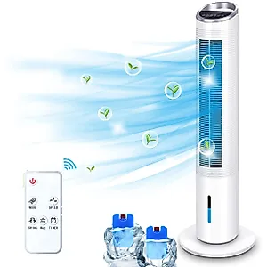 Air Choice Evaporative Cooler, 40" Portable Tower Fan with 70° Oscillating for Big Space, 3 Speeds & Modes, 8H Timer, 2 Ice Packs, Removable Water Tank, Portable Swamp Cooler with LCD Panel & Remote