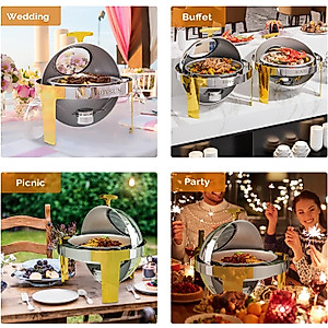 ROVSUN 6 Quart 2 Packs Round Chafing Dish Buffet Set Gold Accent, Stainless Steel Roll Top Chafer for Catering, Food Warmer with Glass Window for Party Wedding Catering Banquet Graduation Event