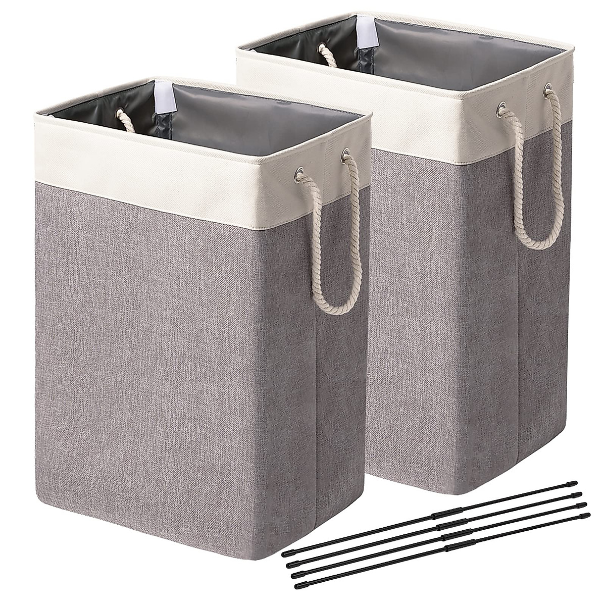 ELONG HOME Laundry Basket 2 Pack, 75L Laundry Hamper with Support Rods and Rope Handles, Freestanding Laundry Baskets, Linen Hampers for Laundry Room Bathroom Bedroom, Grey+Beige