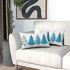 Blue Christmas Tree Lumbar Throw Pillow Covers 12X20 In Set of 2 Xmas Tree Lights Stars Decorative Rectangle Pillow Cases Winter Holiday Pillow Cover Farmhouse Home Decor For Living Room Sofa Couch