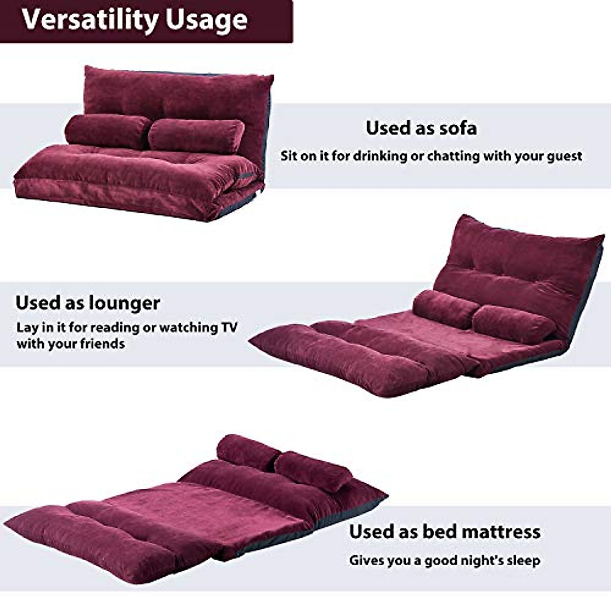 Merax Lazy Sofa Bed, Five Position Adjustable Folding Floor Couch with 2 Pillows, Futon Love Seat Sofa for Living Room, Bedroom, Stury Room (Burgundy)