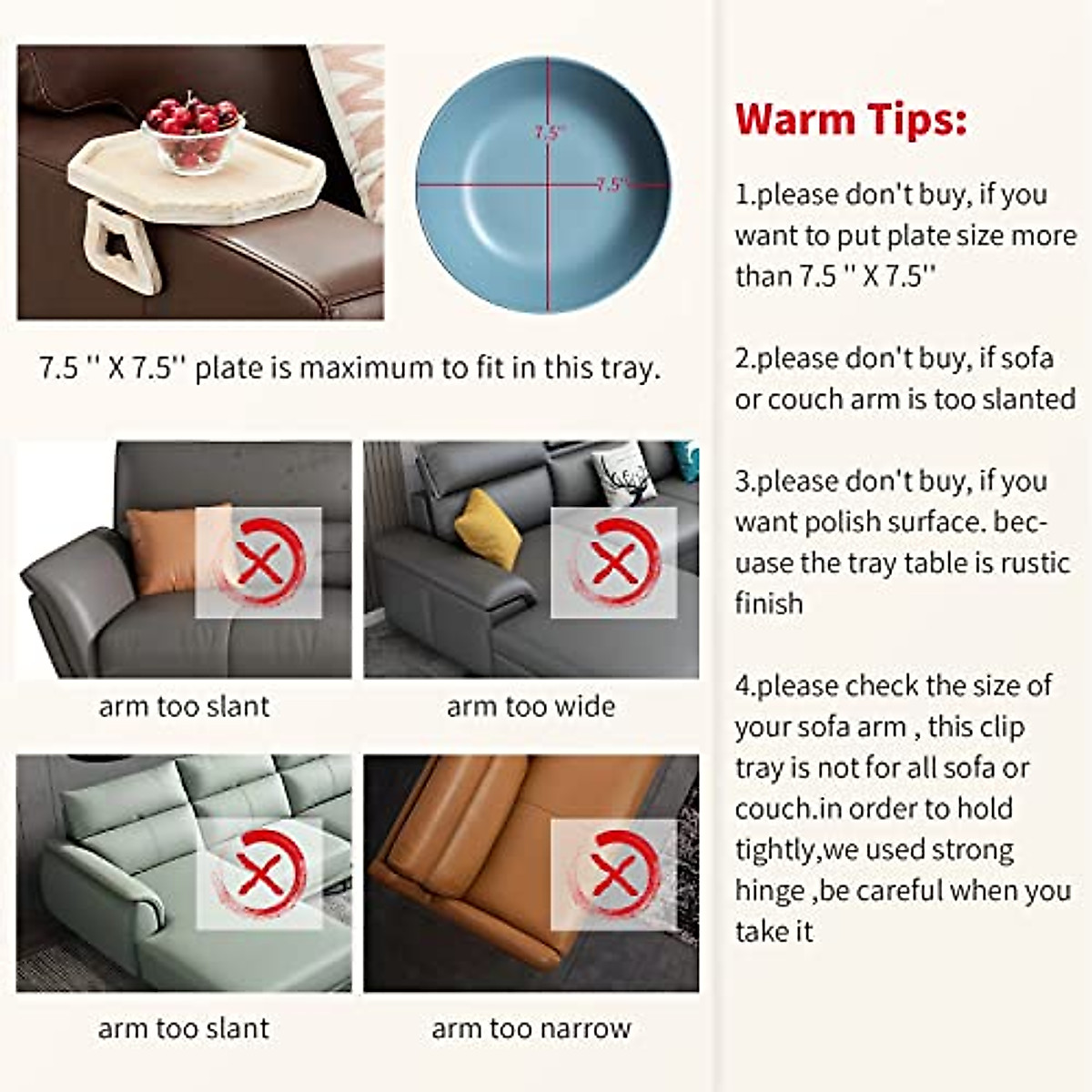 Vesuna Sofa Armrest Clip Tray Table, Sofa Couch Arm Rest Organizer, Sofa Arm Table, Cup Holder, Wooden Sofa Clip Tray for Drinks/Remote Control/Snacks, Rustic White