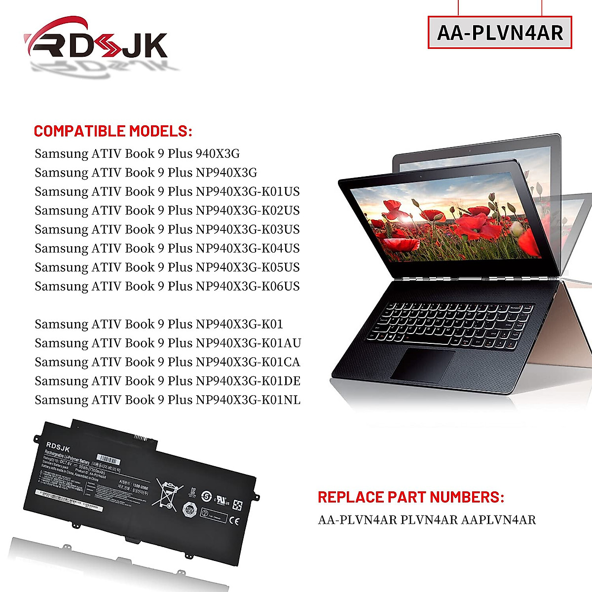 AA-PLVN4AR Laptop Battery for Samsung ATIV Book 9 Plus 940X3G NP940X3G NP940X3G-K01US K01AU NP940X3G-K02US NP940X3G-K03US NP940X3G-K04US K05US K03HK NT940X3G NP910S5J NT910S5J-K59W Series 7.6V 55Wh