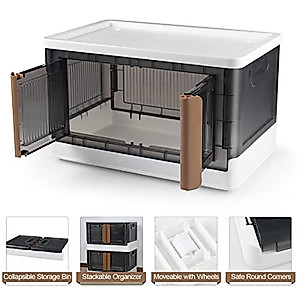 MOSFiATA Storage Bins with Lids - 8.4Gal Stackable Storage Bins, Folding Storage Box for Closet Organizer, Plastic Collapsible Storage Bins with 2 Doors & Wheels for Home Kitchen,1 Pack