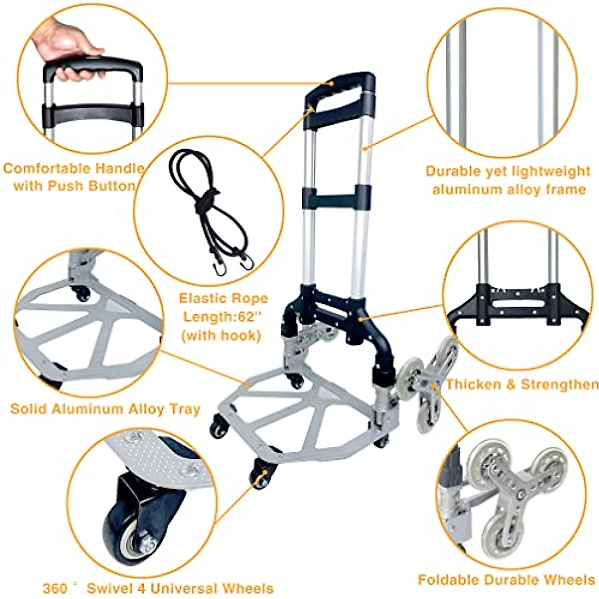 Stair Climbing Cart, Folding Hand Truck Dolly Cart, Grocery Shopping Cart with Mute Wheels and Detachable Waterproof Bag, 180lbs Weight Capacity Aluminum Hand Truck for Luggage, Travel, Shopping