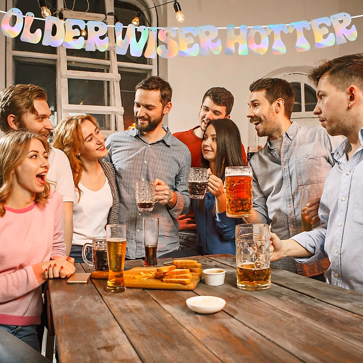 BEISHIDA Iridescent Glitter Older Wiser Hotter Banner -NO DIY - Pre-Strung Birthday Banner Decoration for 40th 50th 60th 70th 80th Women Funny Cute Birthday