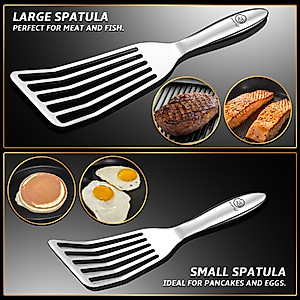 Fish Spatula Stainless Steel Combo, 1 Large Fish Turner Spatula + 1 Small Griddle Spatula, Metal Spatula for Kitchen Use, Slotted Spatulas, Frying Spatula with Thin Edge Ideal for Turning & Flipping