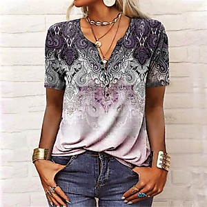 Blouses for Women Dressy Casual Sexy Women Daily Print V Neck Tops Short Sleeve Button Neck Tee Shirt Printed Flower