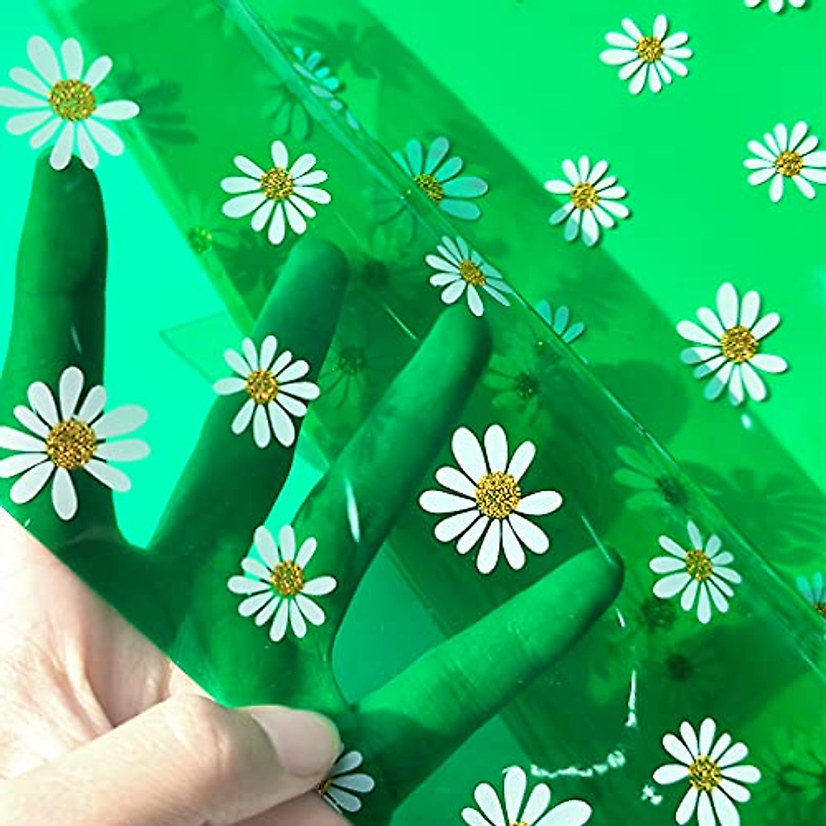 HYANG Bellis Perennis Chrysanthemum Green Transparent PVC Super Clear Holographic Vinyl Faux Leather Sheets 1 Roll 12" x 47" (30cm x 120cm) for DIY Bows Earrings Bags DIY Crafts Making