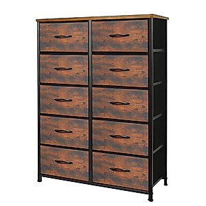 AZL1 Life Concept Dresser for Bedroom with 10 Fabric Drawers, Tall Organizer Units for Closet, Storage Tower with Cabinet, Furniture, Rustic Brown