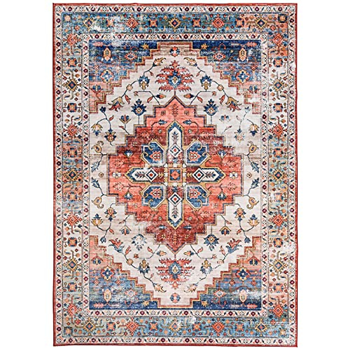 DECOMALL Sigrain Washable Rugs 5x7, Traditional Persian Rug with Rubber Backing, Distressed Medallion Area Rug for Living Room Bedroom Dinning Room, 5x7ft, Orange