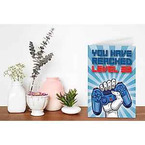 33rd Birthday Card, You Have Reached Level 33, Greeting Card for Thirty-Three Year Old Gamer Birthday Gift for Adult Son or Daughter, For Him Her Grandson Granddaughter, Blue