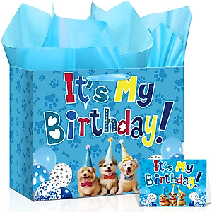 Dog Birthday Gift Bag for Dog Birthday Party Supplies, Large Dog Birthday Wrapping Bag with Tissue Paper and Greeting Card Dog Paw Print Gift Bags for Puppy Theme Party Dog Paw Birthday Decorations