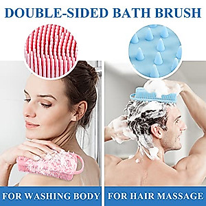 Silicone Body Scrubber Loofah, 2 in 1 Shower Scrubber for Body, Soft Silicone Loofah for Sensitive Women Men All Kinds of Skin, Scalp Massager Shampoo Brush, Exfoliating Bath Brush (2PC, Blue&Pink)